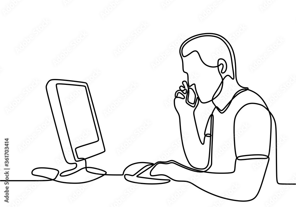 One line drawing of man working with laptop computer behind desk. Young ...