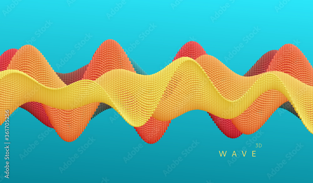 3D wavy background. Array with dynamic emitted particles. A wave formed ...