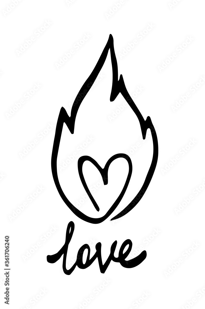 Cartoon fire heart flame. Love text. Graphic element vector. Sketch ...