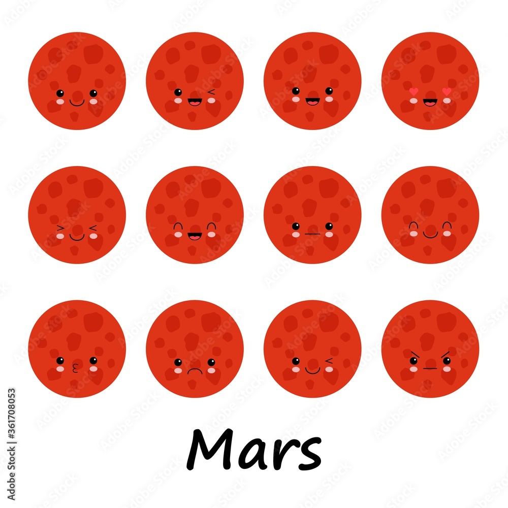 Set of cute mars smiley. Mars emoticons, flat emoji, kawaii style ...