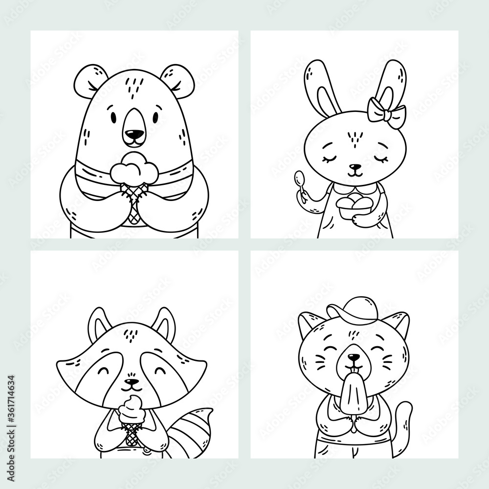 Set of cute funny cartoon summer animals. Bear, rabbit, raccoon and cat ...