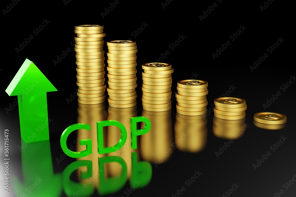 GDP and up Arrow with stacks of gold coins. Growth up concept .3d ...