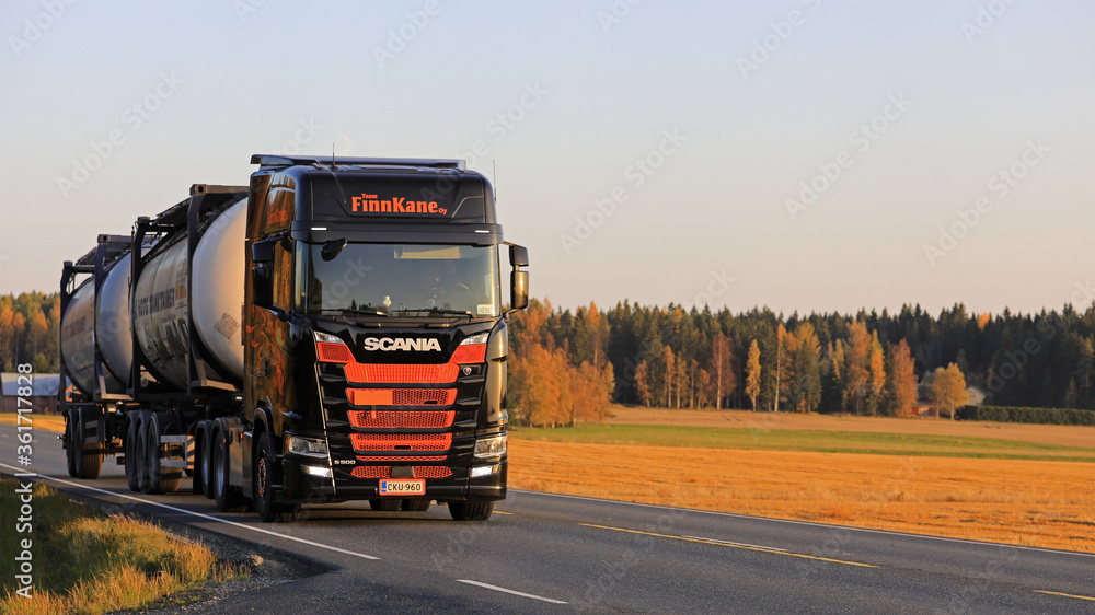 Scania S500 Tank Container Transport at Autumn Sunset. Illustrative ...