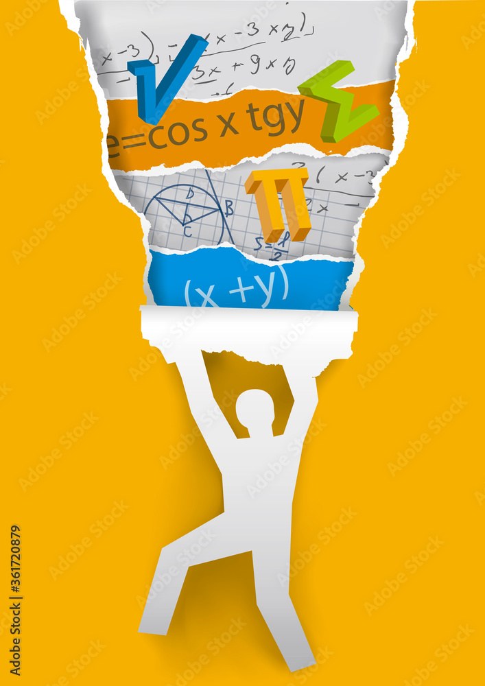 Learn and Discover math. Human silhouette ripping orange paper with ...