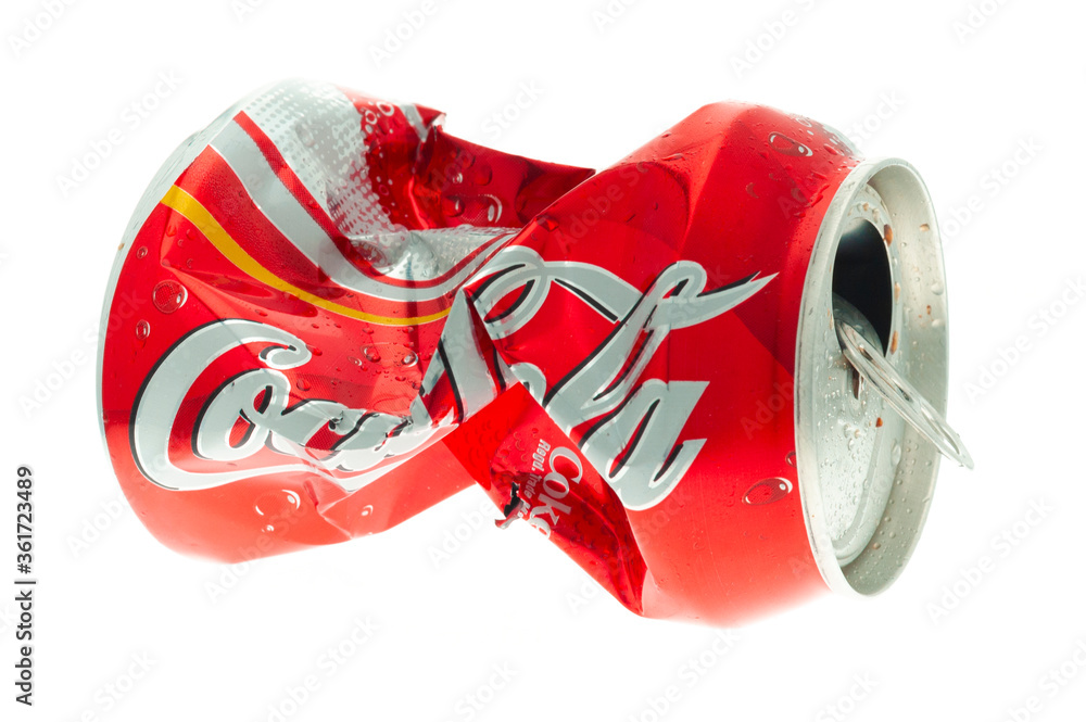 London, England - October 03, 2006: crushed and empty can of Coca Cola ...