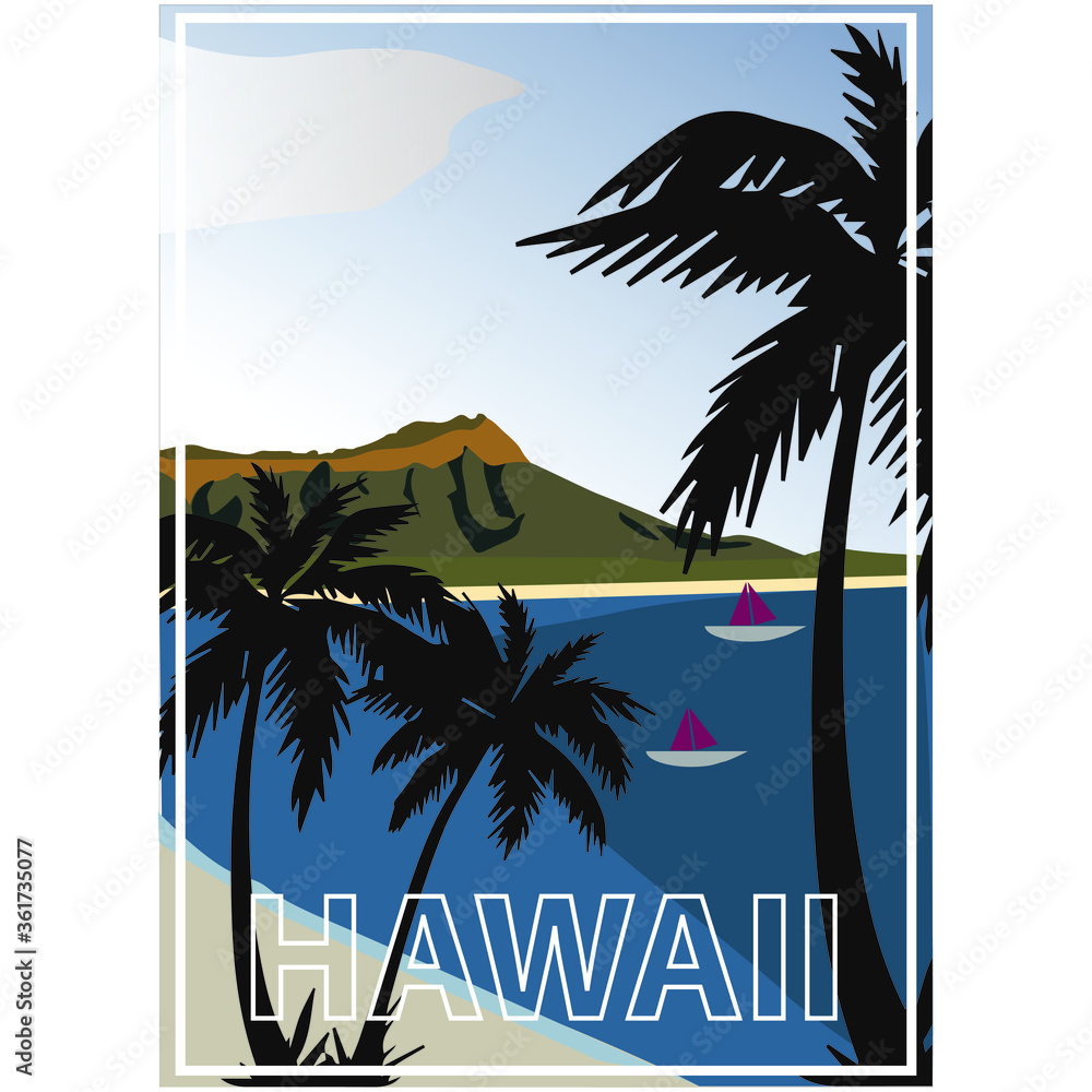 Hawaii vector travel illustration in colorful background. Summer beach ...