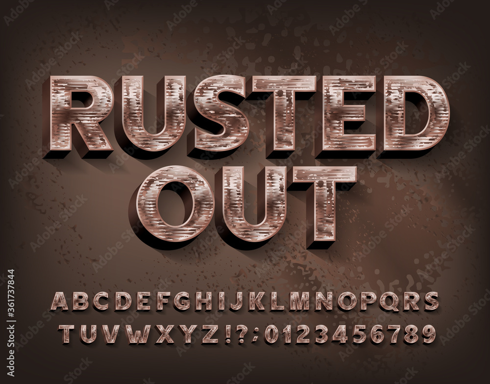 Rusted Out alphabet font. Scratched metal letters and numbers. Stock ...