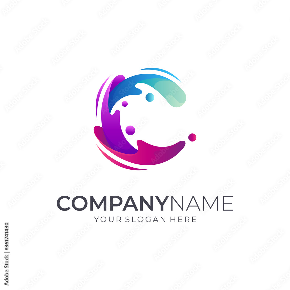 C logo with wave. Modern initial letter C 3d gradient colors. Water ...
