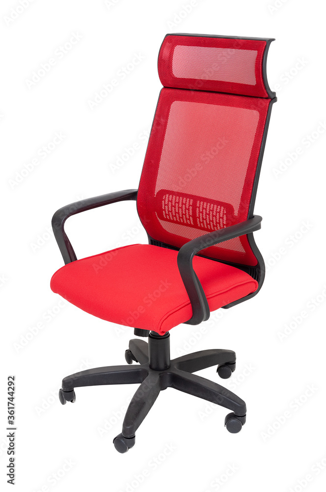 red office fabric armchair on wheels isolated on white background, side ...