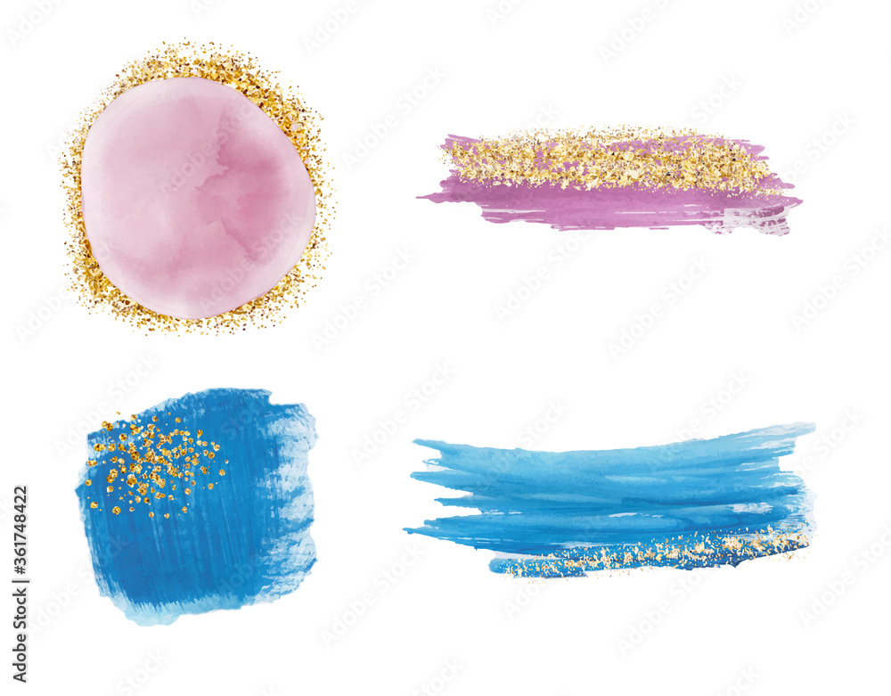 Blue and pink brush stroke watercolor with gold glitter texture ...