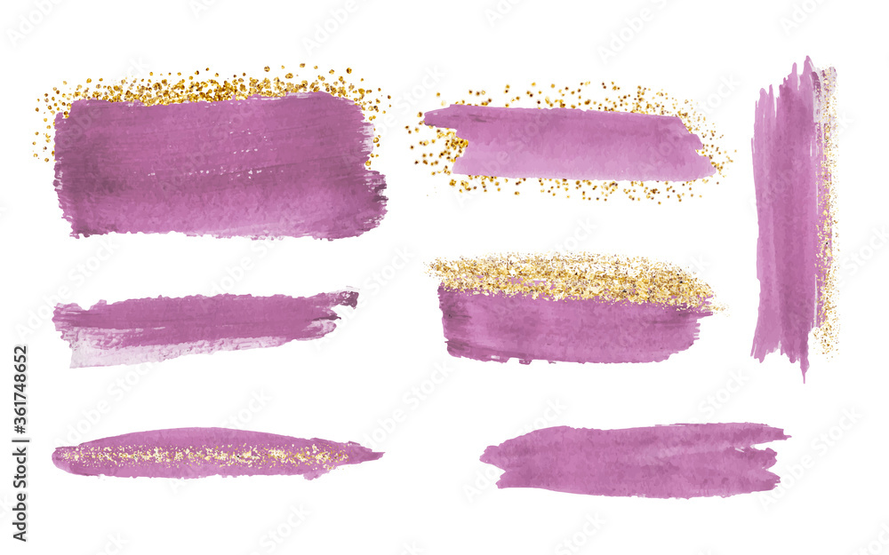 Pink watercolor brush stroke with gold glitter texture, confetti. Stock ...