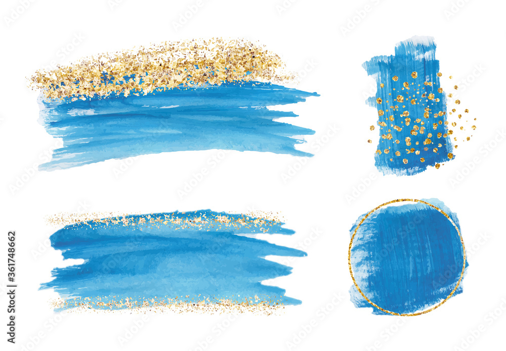 Blue watercolor brush stroke with gold glitter texture, confetti. Stock ...