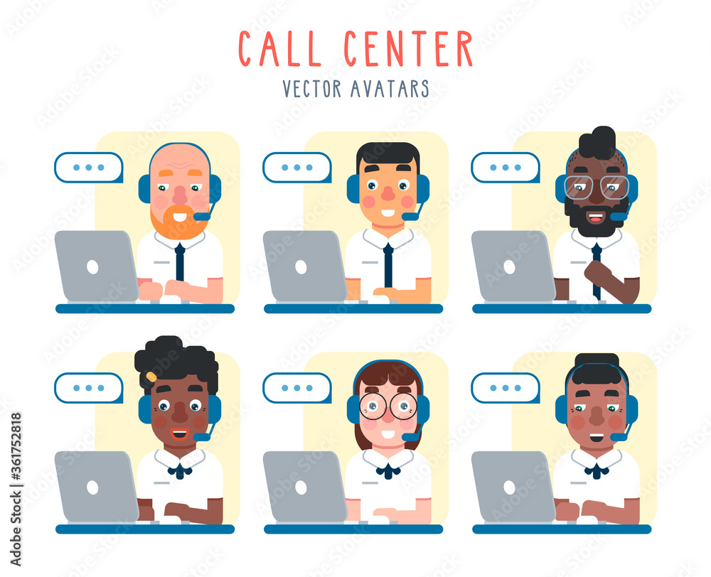 Call center workers at work in their workplaces. People of different ...