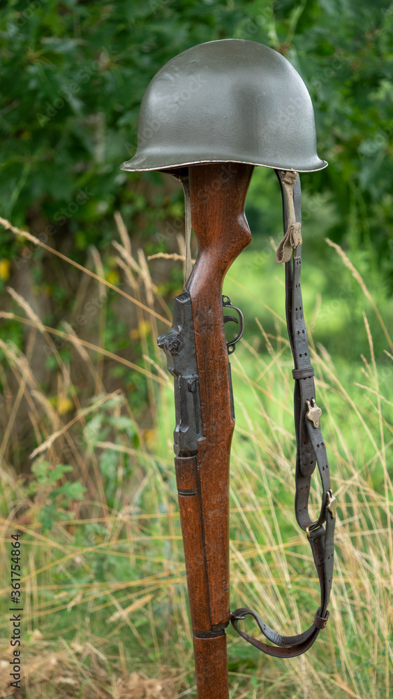 Memorial battlefield cross. Symbol of a fallen US soldier. M1 rifle ...
