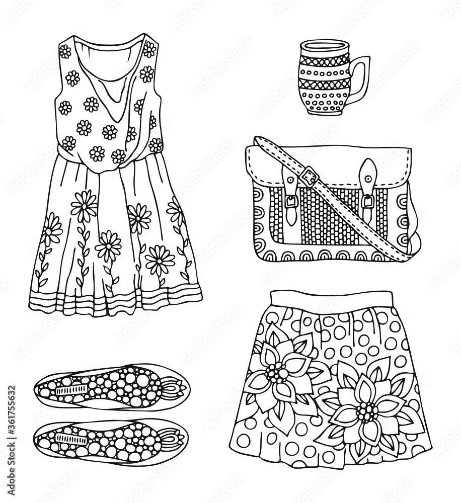 Hand drawn clothes set. Fashion tips. Sketch for anti-stress adult ...