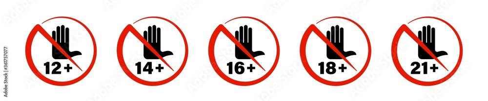 Age restriction flat icons. Stop gesture and number with age ...