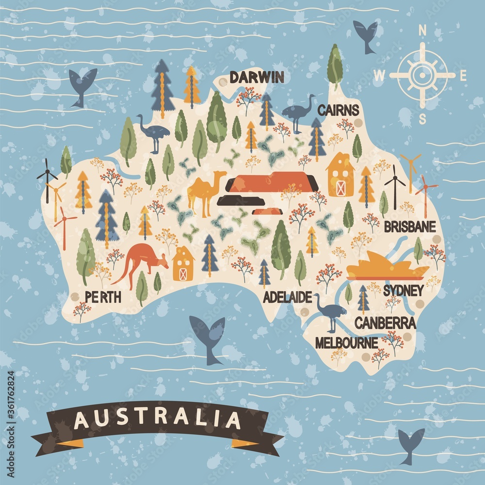 Australia travel map with the cities of Canberra, Melbourne, etc ...