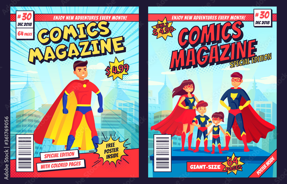 Comic book cover with super hero man and family characters. Retro ...