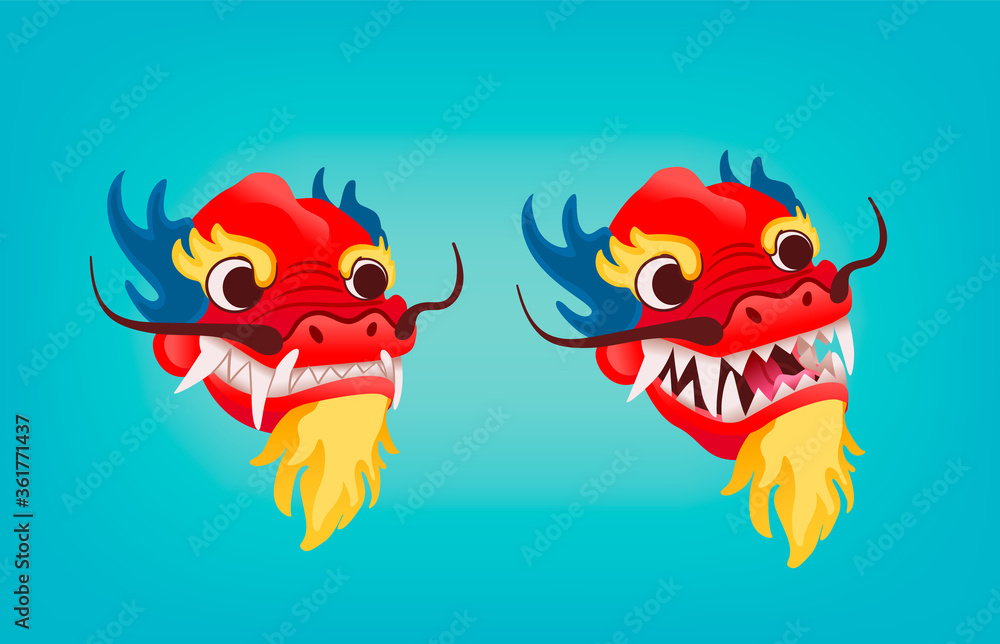 Red angry dragon head. Oriental mythical creature. Vector cute cartoon ...