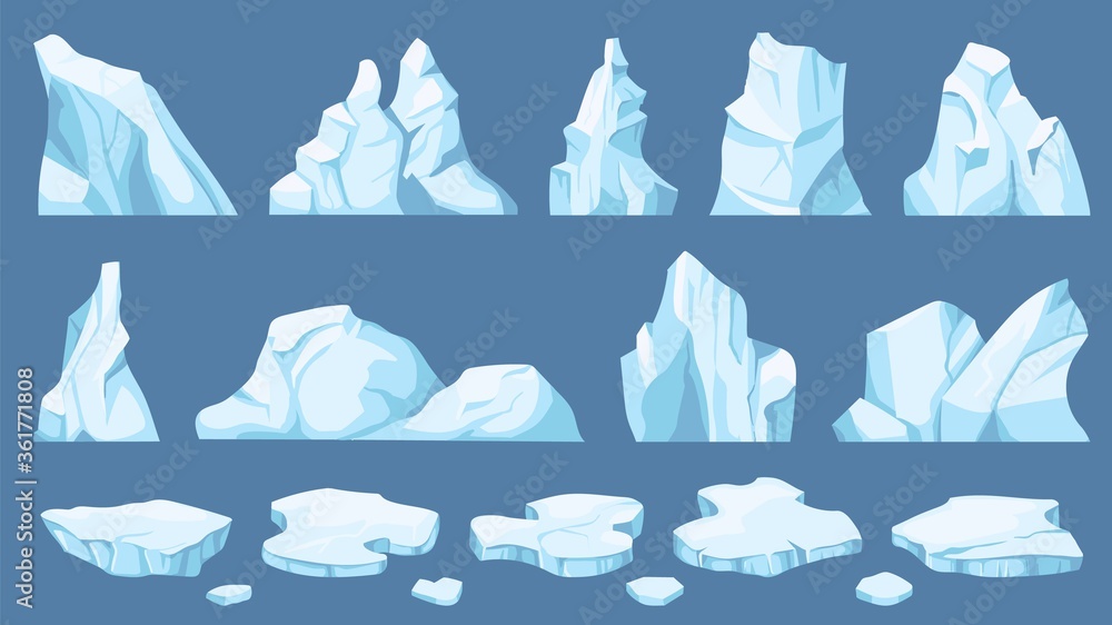 Cartoon arctic ice. Icebergs, blue floes and ice crystals. Icy cliff ...