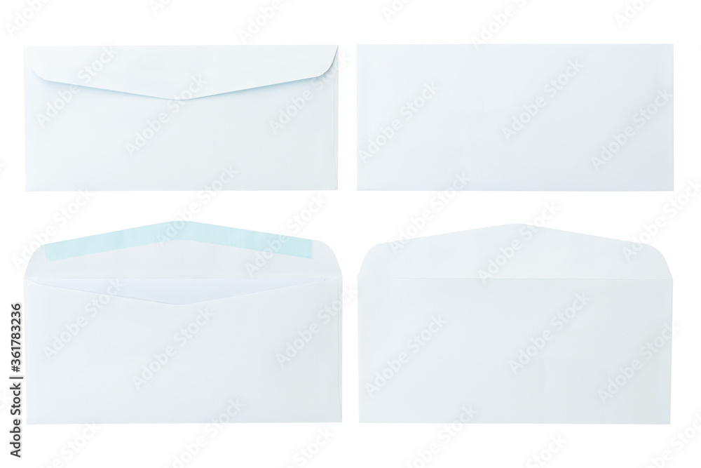 White envelope front and back isolated on white background. Letter top ...