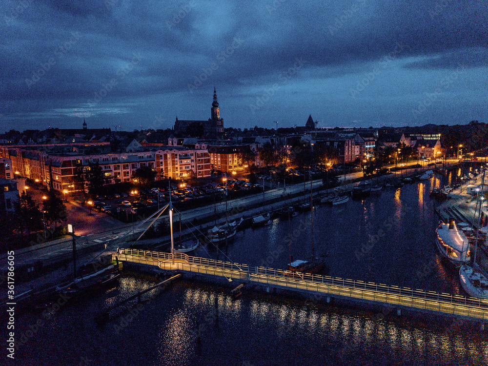 Greifswald und Museumshafen von oben - Luftbild bei Sonnenuntergang ...