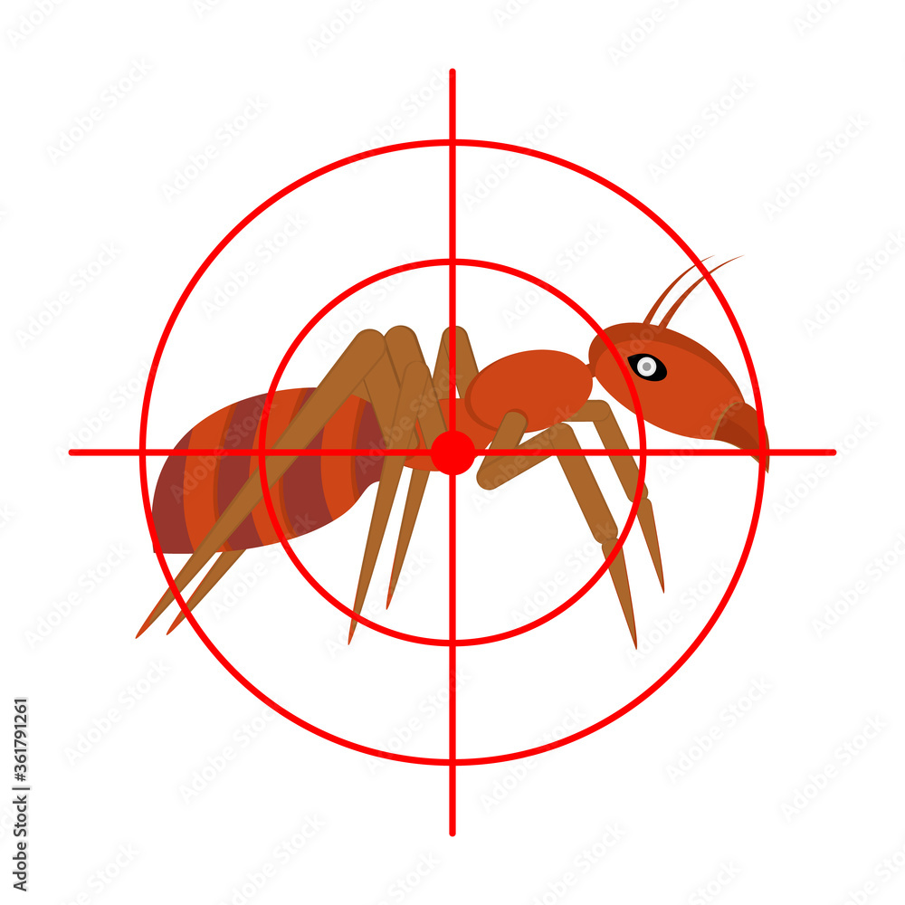 Ant and aim, target. Side view. Insect protection concept. Isolated ...