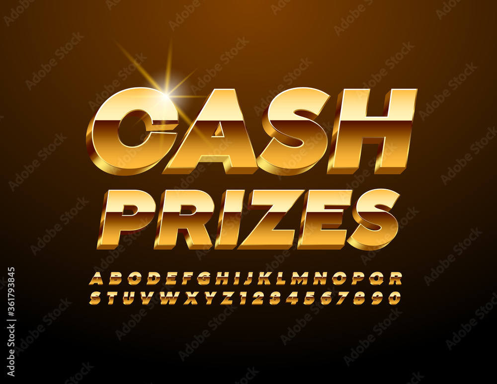 Vector elite banner Cash Prizes. Glossy Gold Font. 3D premium Alphabet ...
