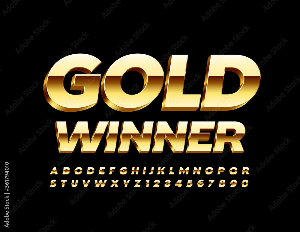 Vector success sign Gold Winner. Elite 3D Font. Shiny premium Alphabet ...