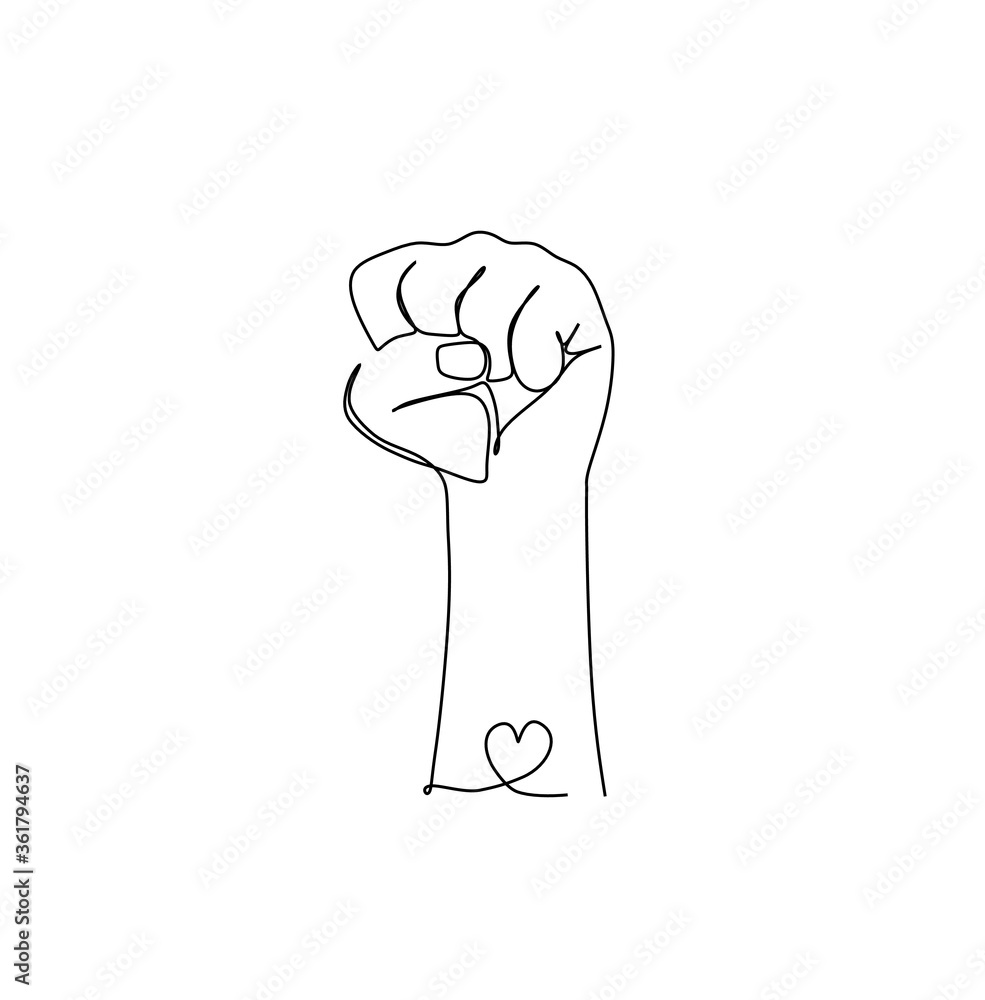 Continuous single line drawing of raised fist with love sign in it ...