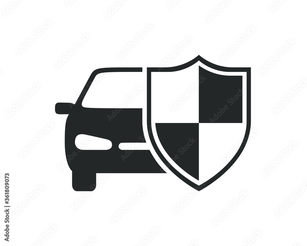 Car behind shield graphic icon. Car insurance sign isolated on white ...