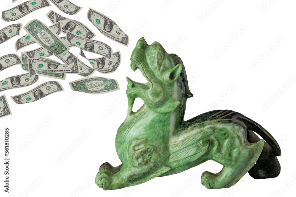 Jade Pixiu is Chinese lucky animal of china spit dollar bank on white ...