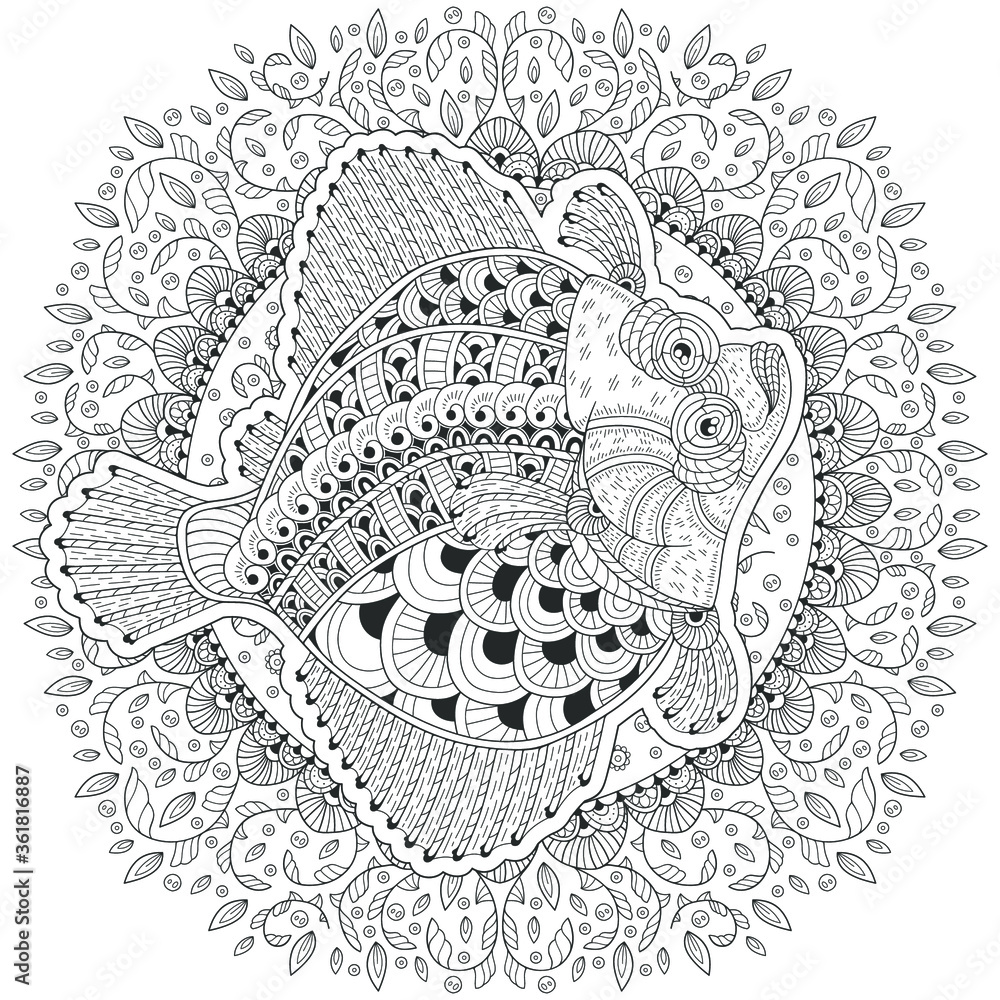 Hand-drawn sketch of a plaice fish in the midst of algae on a white ...