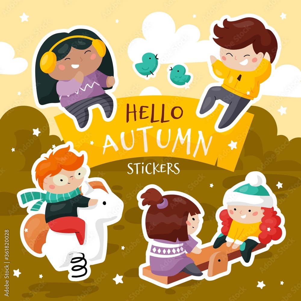 Set of cute creative stickers templates of a group of multi-ethnic ...
