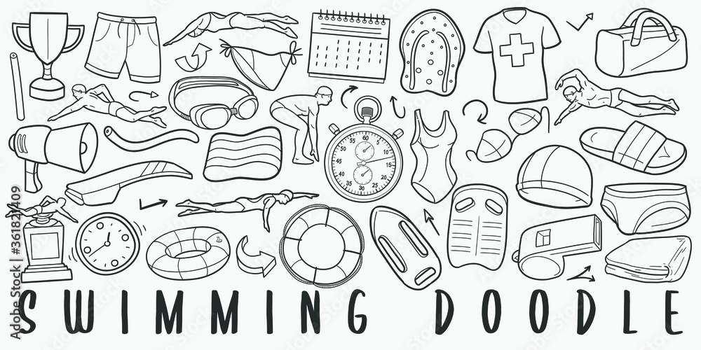 Swimming Pool Sport Doodle Line Art Illustration. Hand Drawn Vector ...