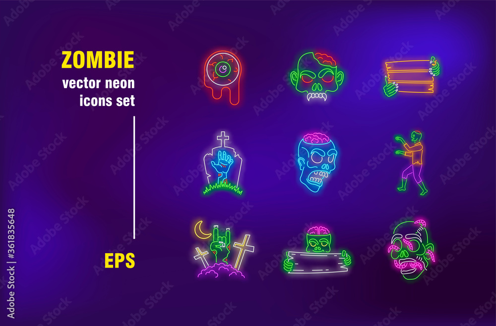 Zombie neon signs collection. Illuminated monster, eye and comb. Vector ...