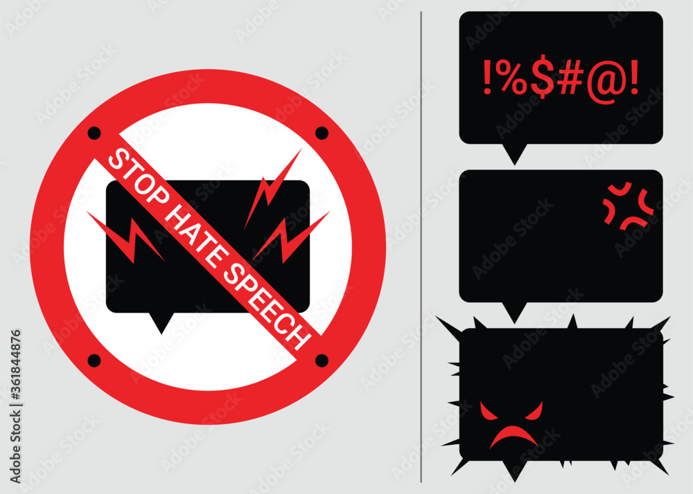 Set 4 prohibition signs of stop hate speech. Protest symbols. Isolated ...
