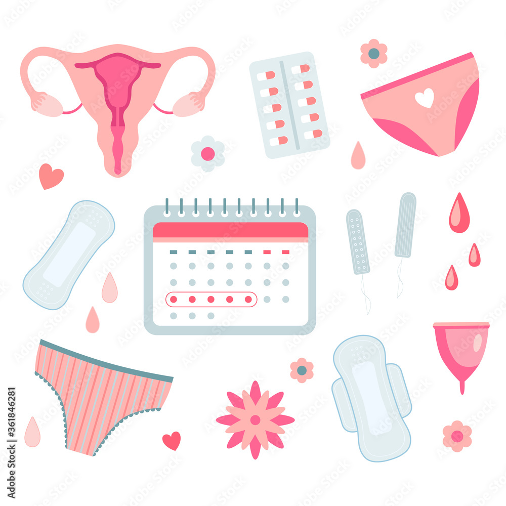 Female menstrual cycle flat icon set. Girl periods calendar, pads ...