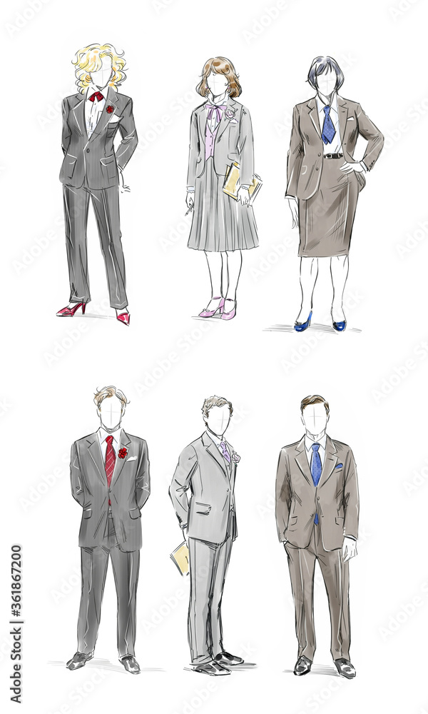 artistic sketch of a groups of office workers, male and female posing ...