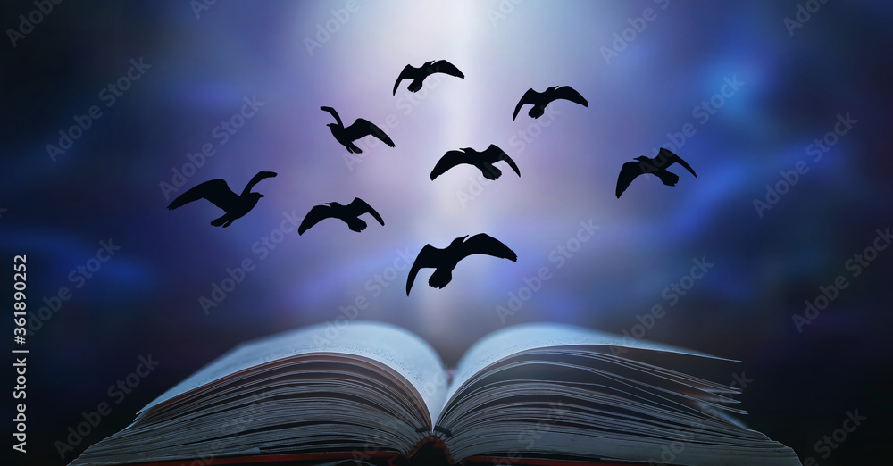 An abstract fantasy image opens an old book with birds flying out of ...