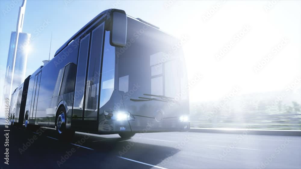 3d model of passenger bus very fast driving on the highway. Futuristic ...