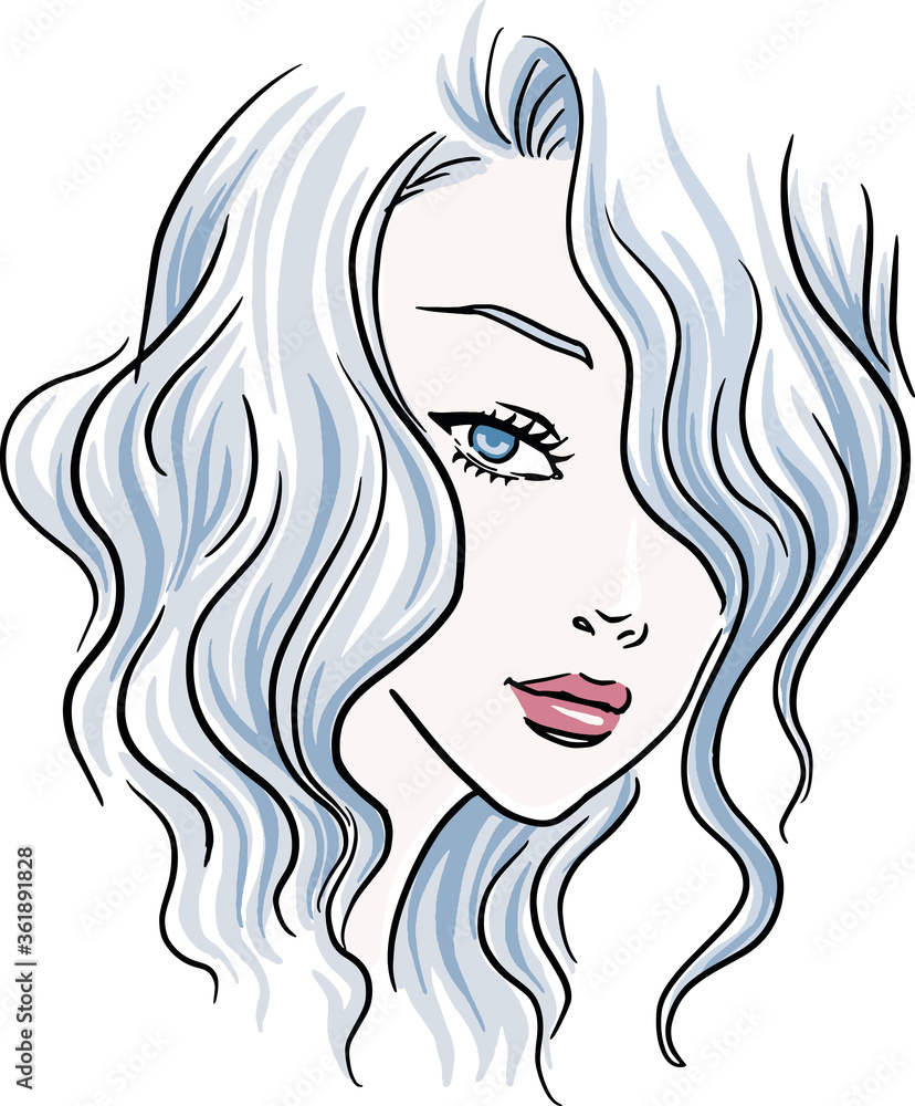 Beautiful girl drawing with light blue wave hair. Digitally hand drawn ...
