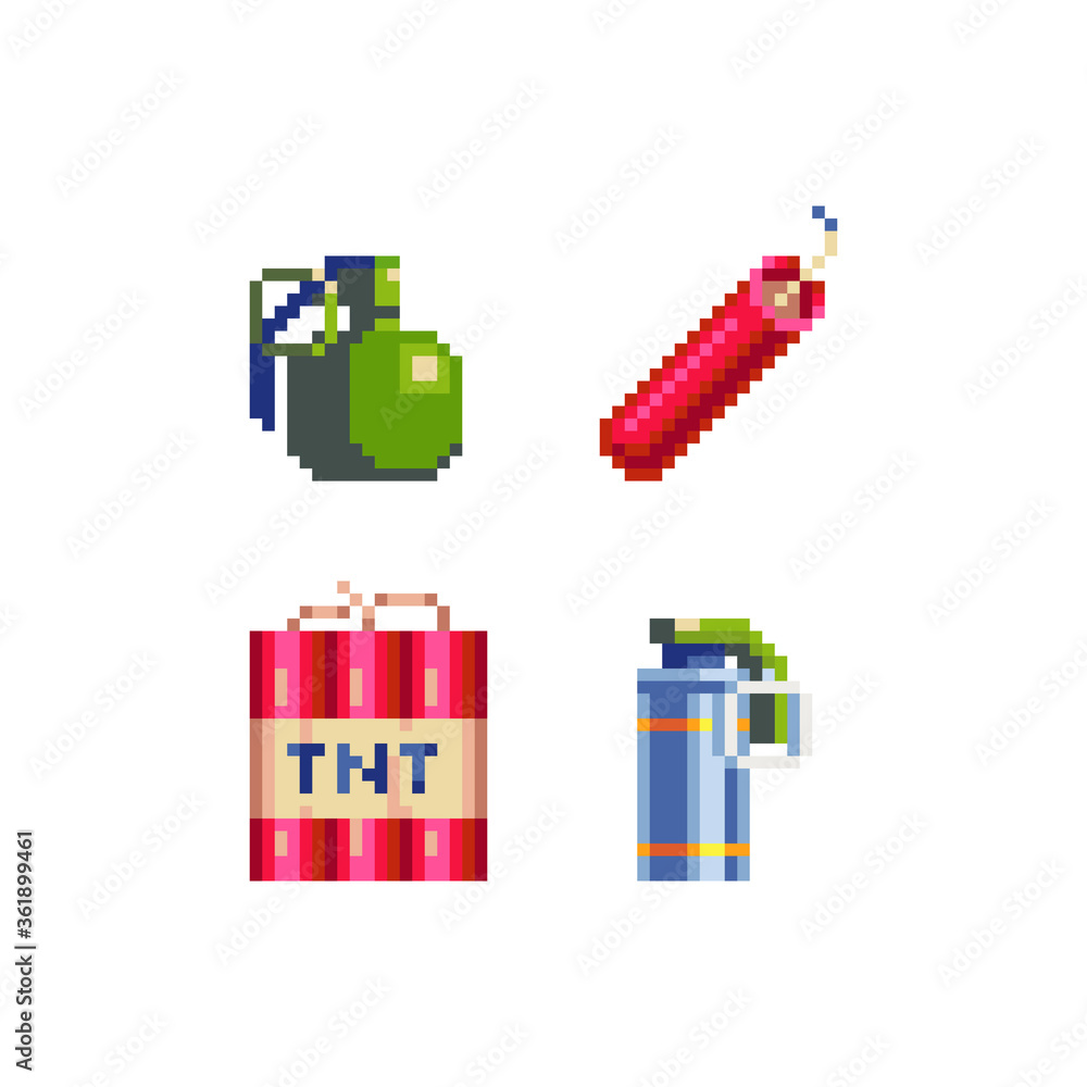 grenade dynamite, 16-bit TNT pixel art style icons set, bombs and ...