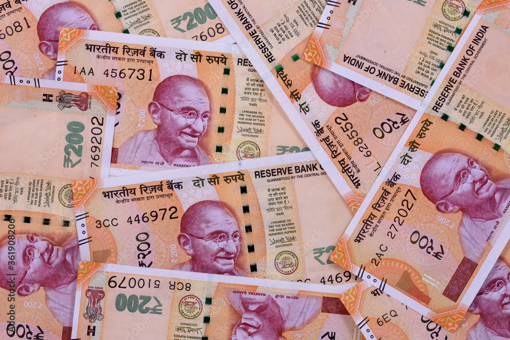 New Indian currency of 200 rupee notes background Stock Photo | Adobe Stock