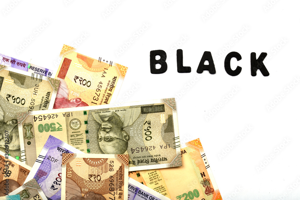 Black money concept,black alphabet on money background,Indian Currency ...