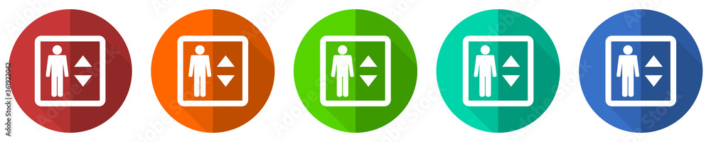 Elevator, lift icon set, red, blue, green and orange flat design web ...
