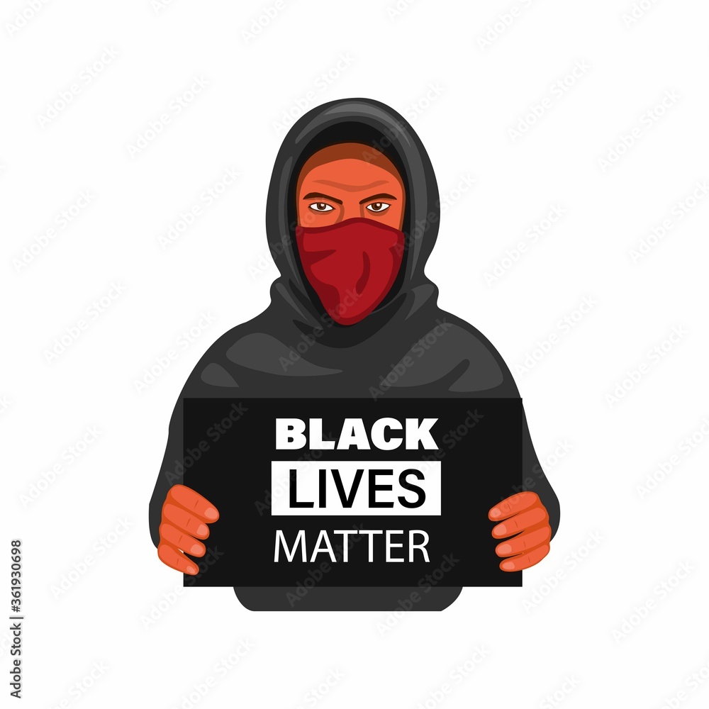 Vetor de Protester man wear hoddie and mask holding sign board black ...
