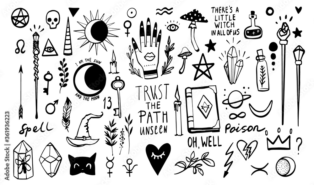 Magic doodle sketch. Witchcraft icons. Line vector illustration. Black ...
