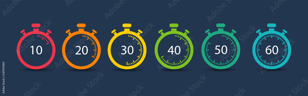 Timer. Stopwatch. Countdown 10.20,30,40,50,60 minutes. Vector icons ...