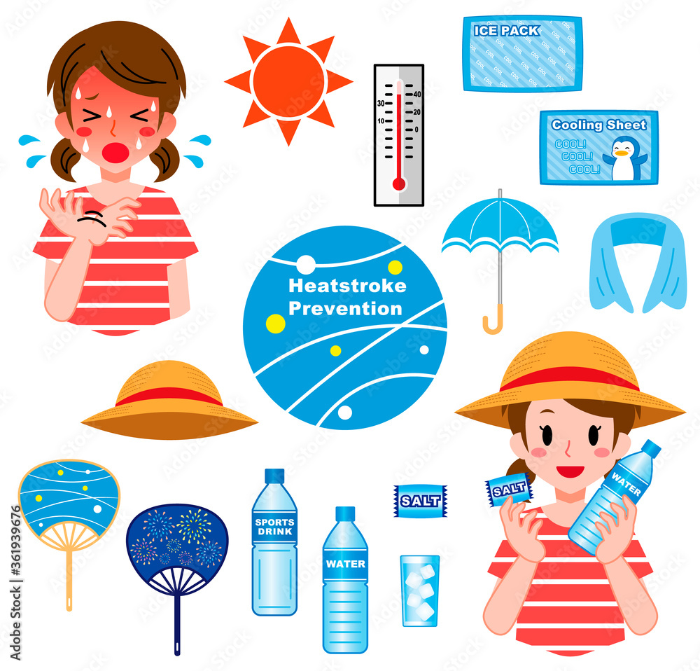 Vector illustration set of girl heat stroke prevention. Stock Vector ...